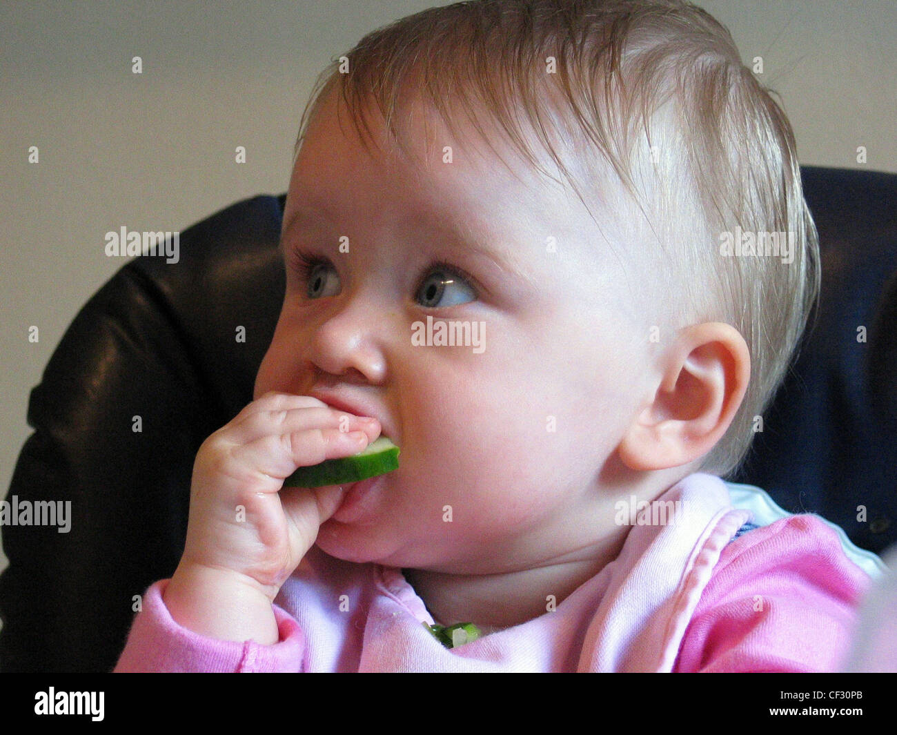 Baby sitting in a black babyseat looking away from camera and eating a ...
