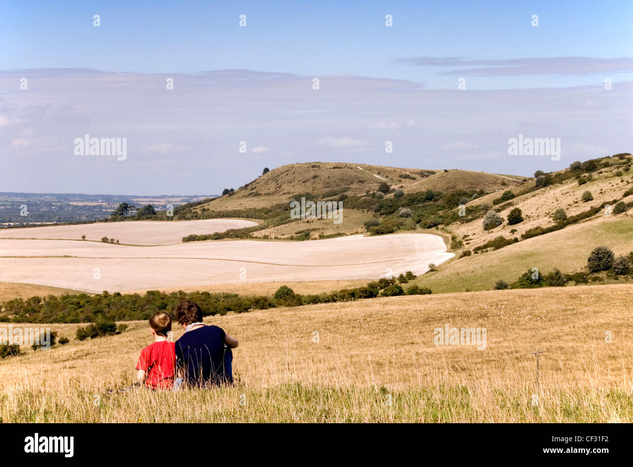 Chiltern Hills - on Pitstone Hill - woman and child enjoying view to ...