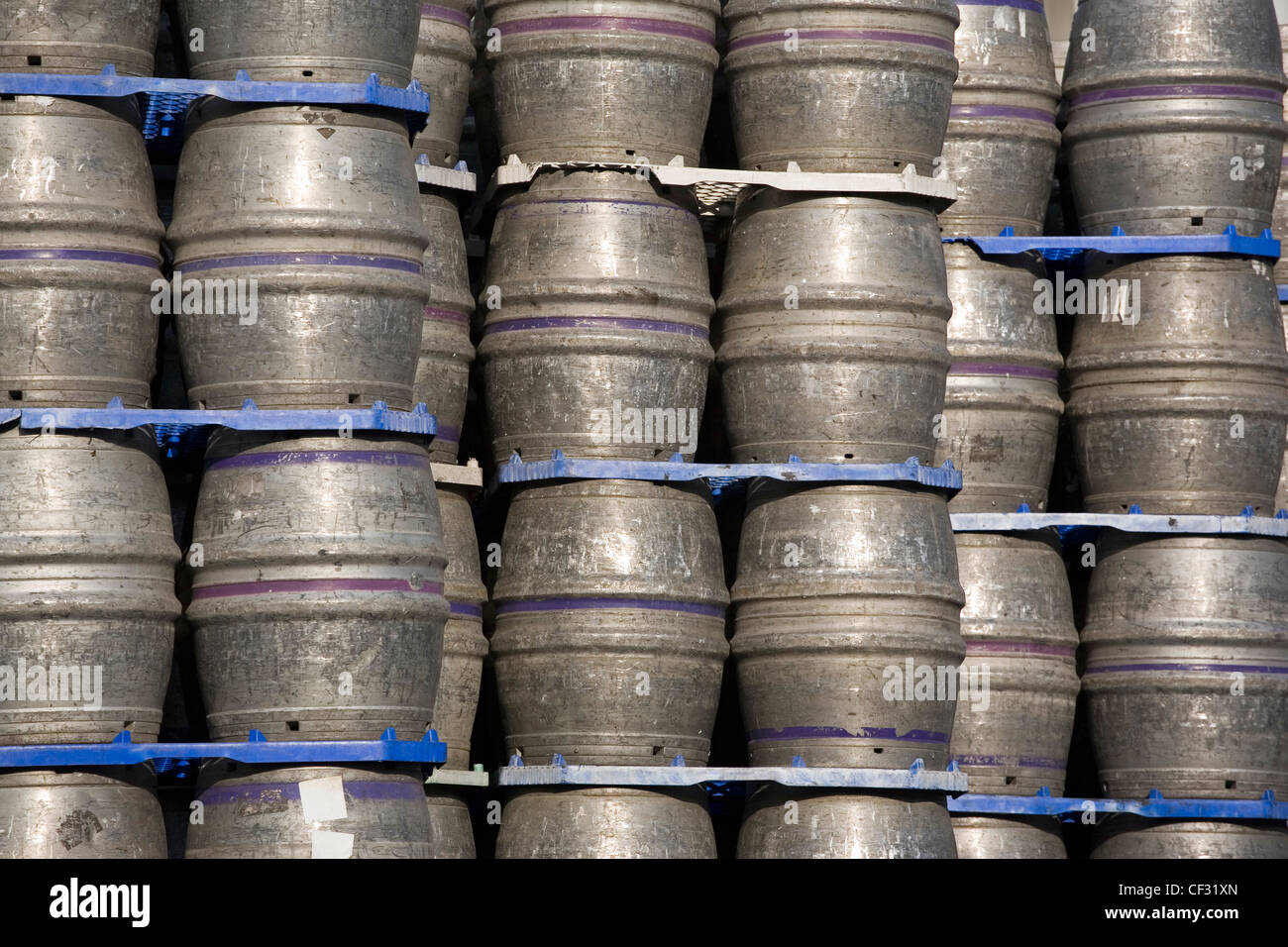 Beer kegs stacked at the Carlsberg Tetley brewery in Leeds Stock Photo ...