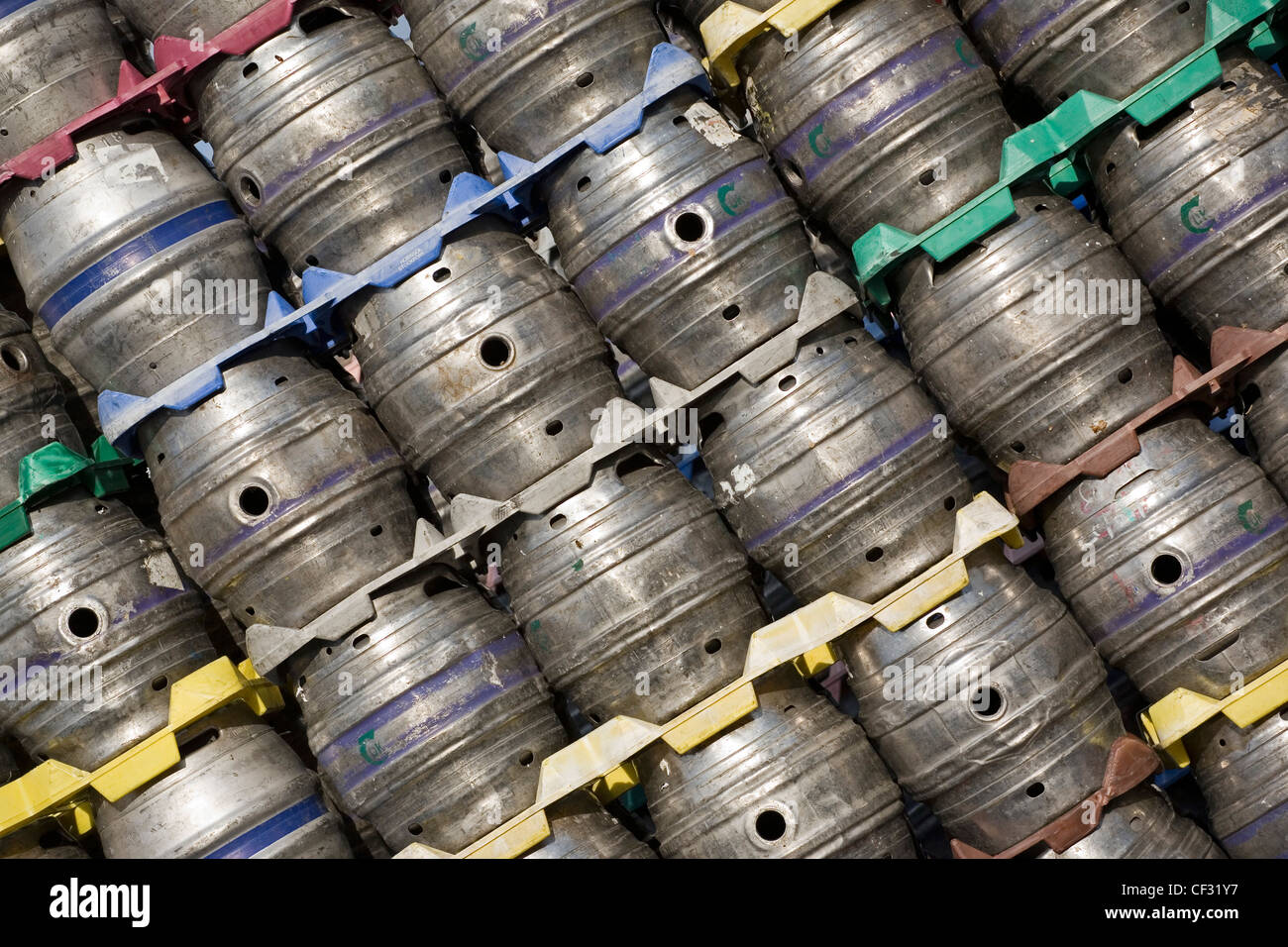 Beer kegs stacked at the Carlsberg Tetley brewery in Leeds Stock Photo ...
