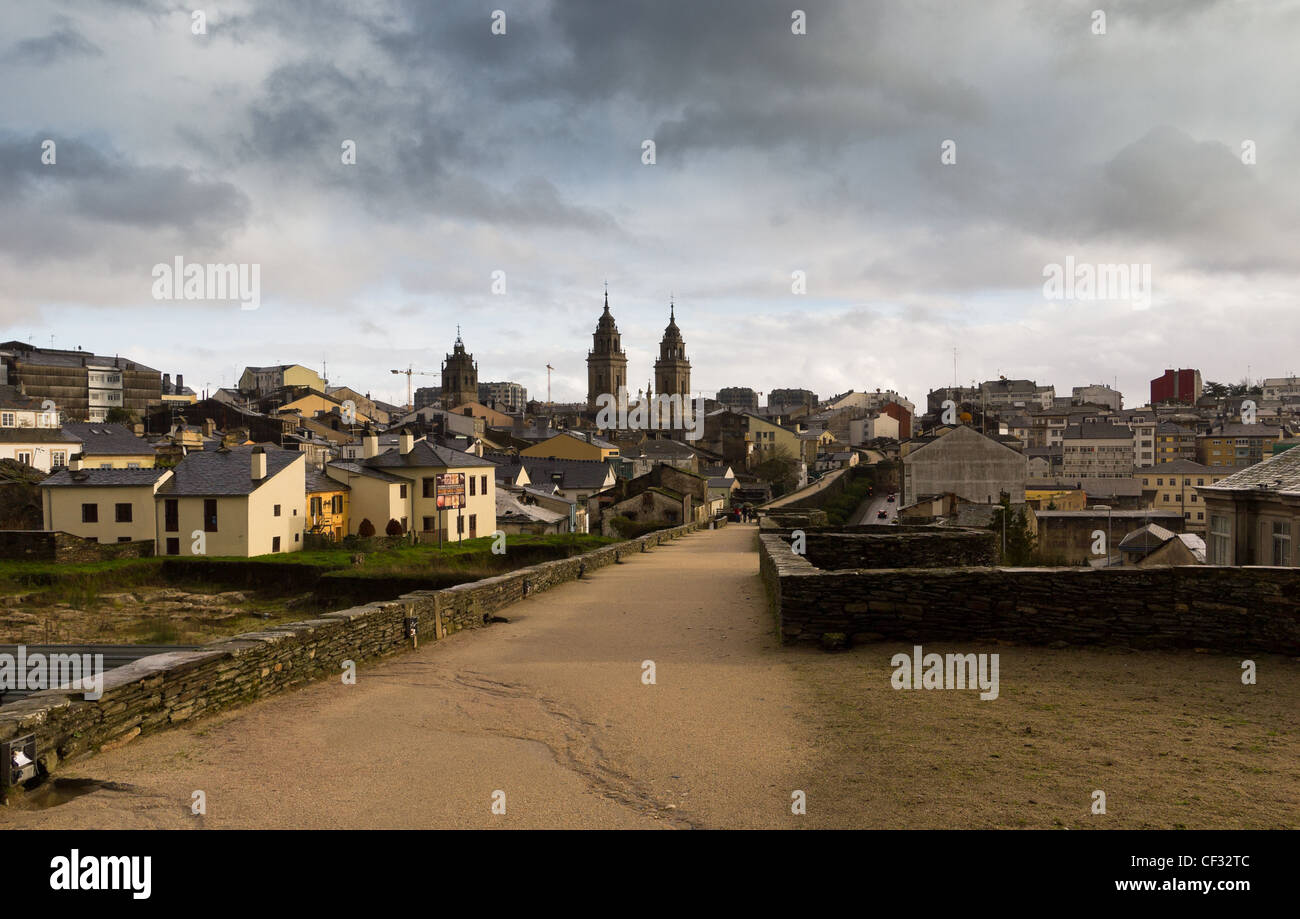 Overview of the old city of Lugo and the Cathedral from the Roman wall ...