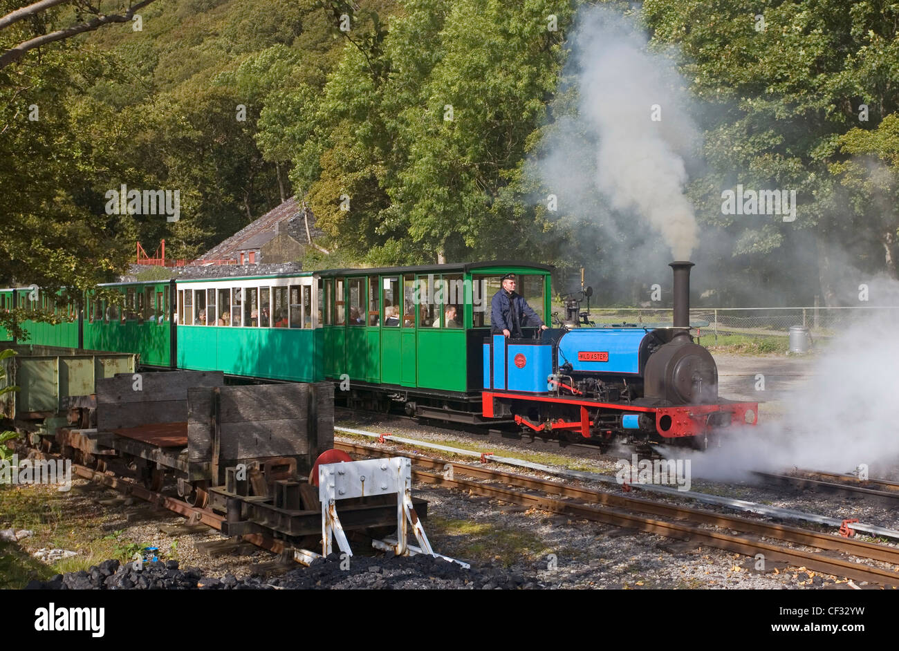 A train on the Llanberis Lake Railway in the Snowdonia National Park. The trains all run on a ...