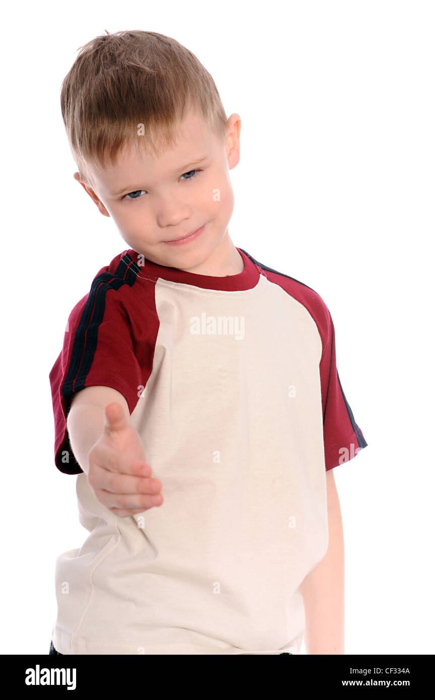 a boy holds out his hand to greet isolated on white background Stock ...