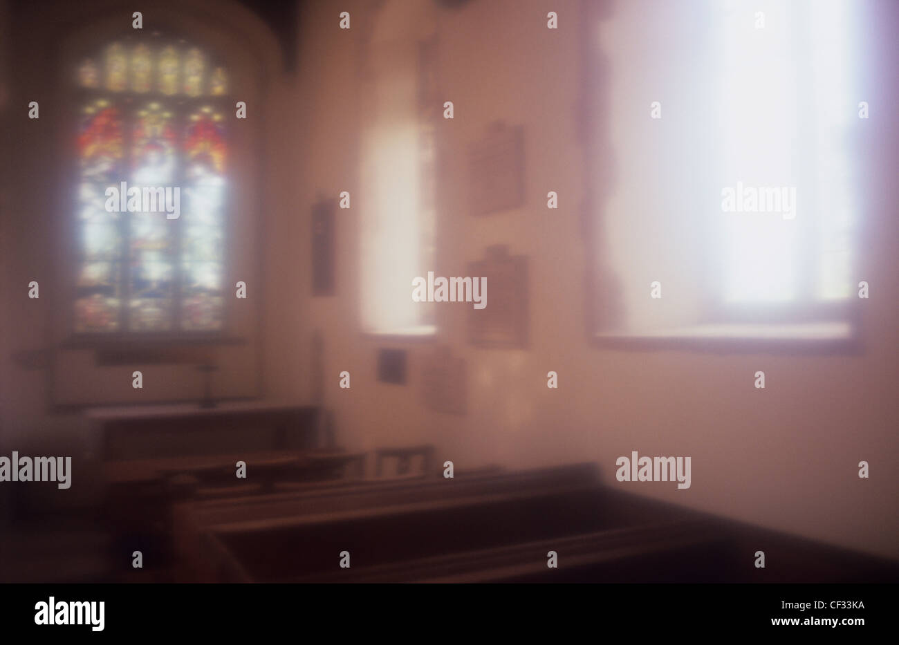 Atmospheric view in warm light of interior of 15th century ...