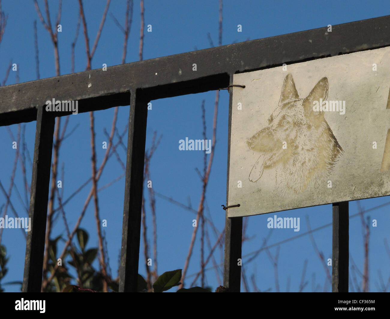 beware of dog sign notice photo on garden fence gate Stock Photo - Alamy