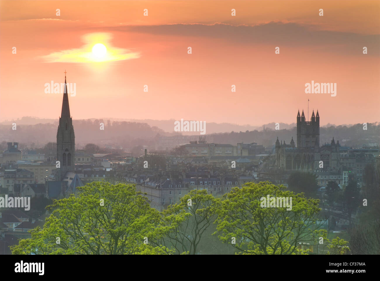 A view over Bath at sunset from Brassknocker Hill, Somerset, England ...