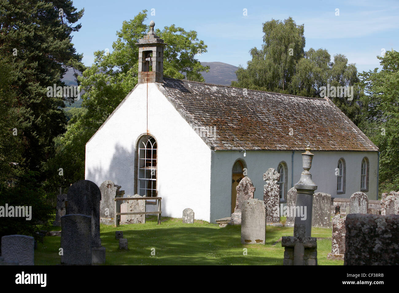 Exterior view of the picturesque Insh Church in the village of Kincraig ...