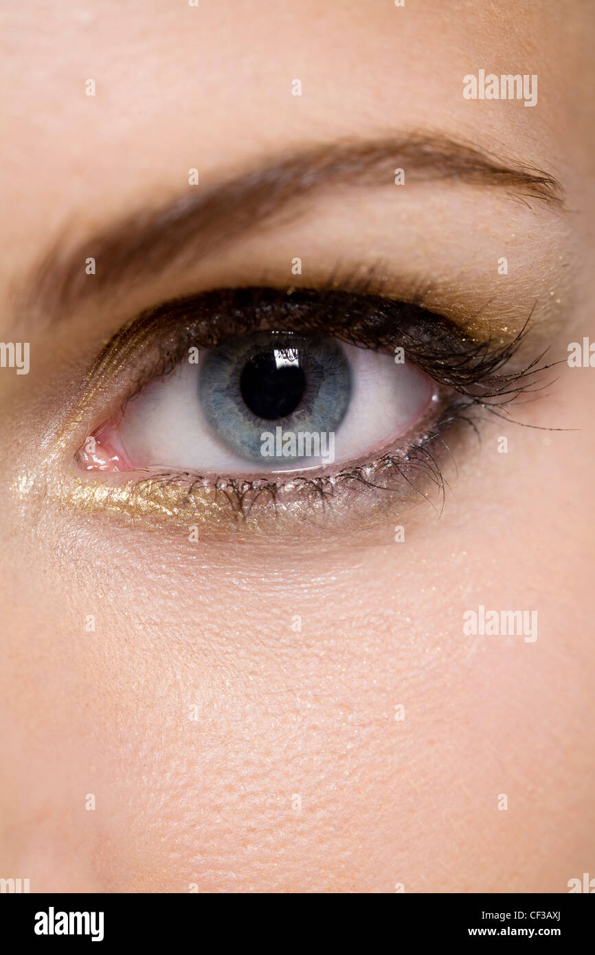 Female with metallic gold eyeshadow above and below the eye, with dark ...
