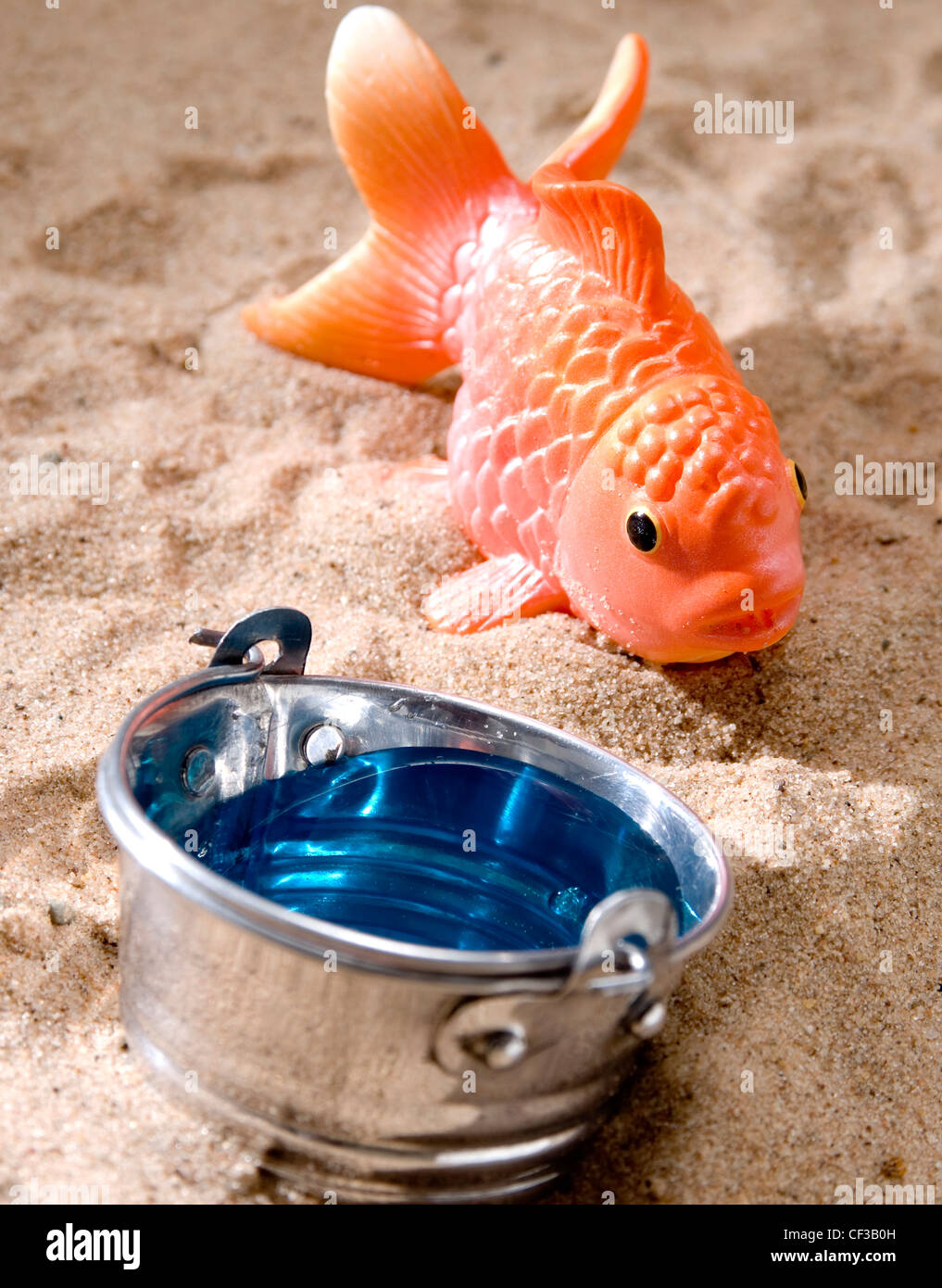 A still life of a plastic goldfish and a silver bucket filled with blue ...