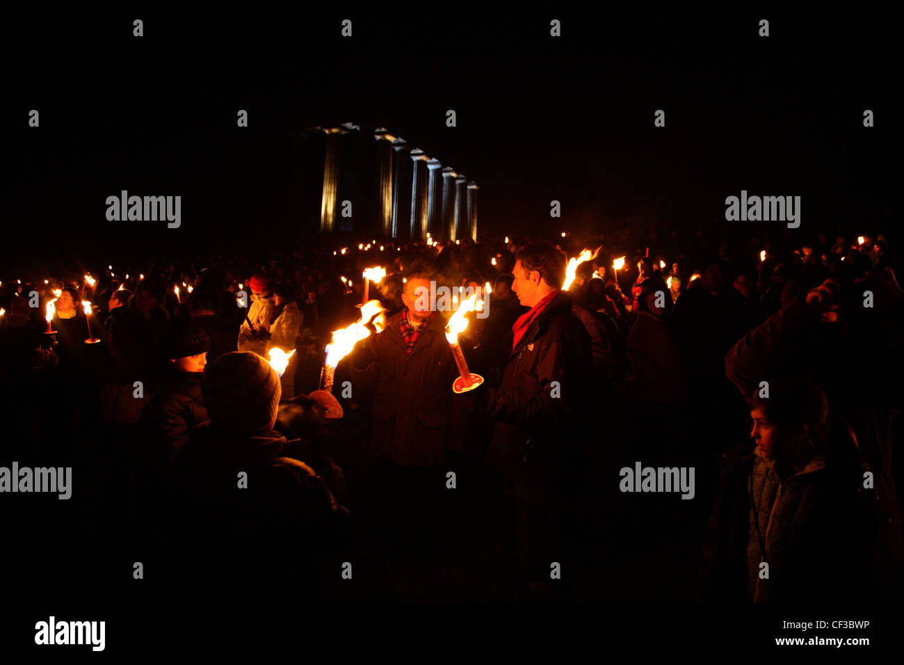 The National Monument and a crowd during the Calton Hill Bonfire in ...