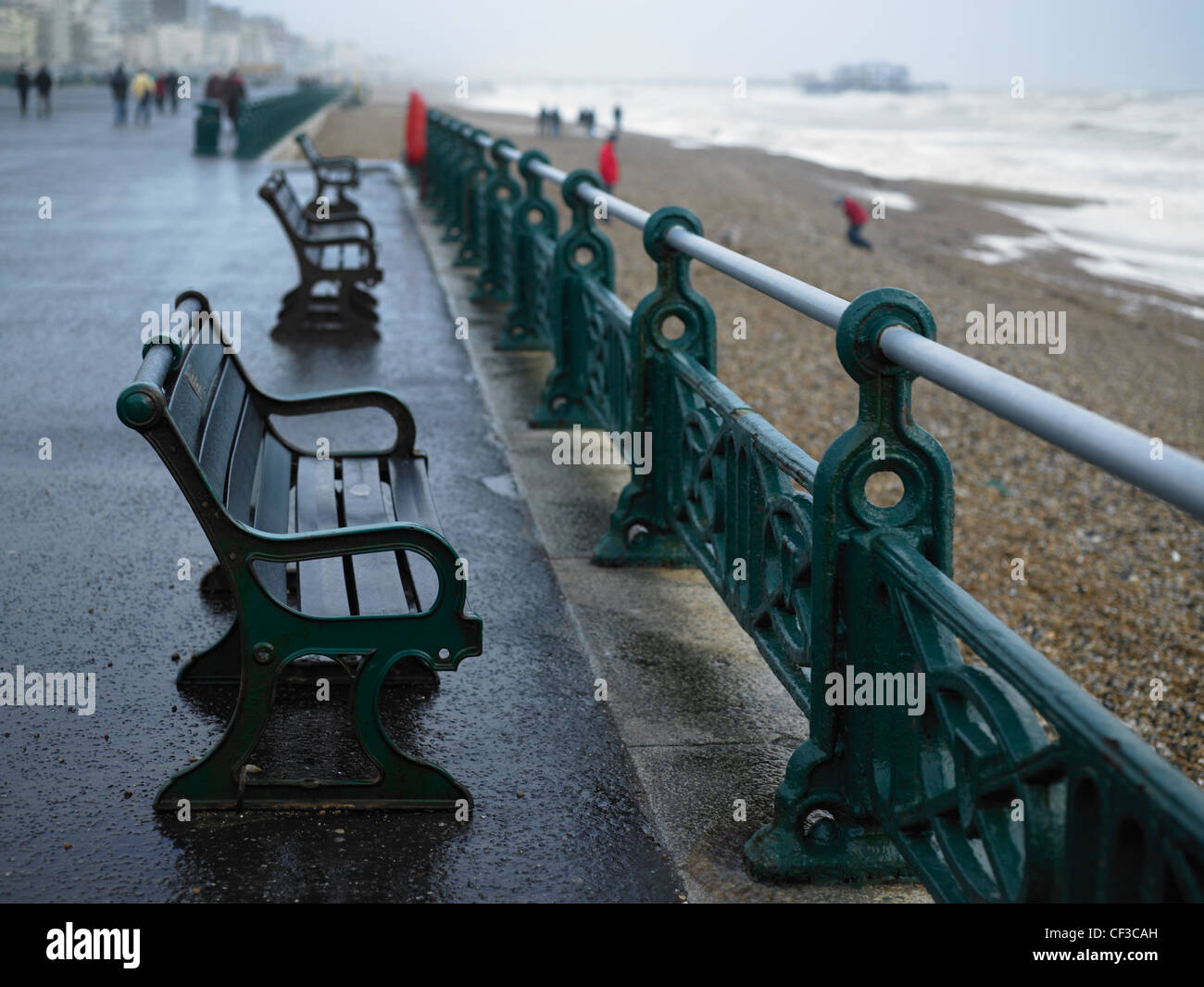 A line of benches on Brighton seafront on a wet day with the pier in ...
