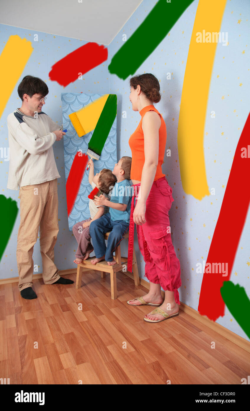 children help parents to do repair room, choosing color, collage Stock ...