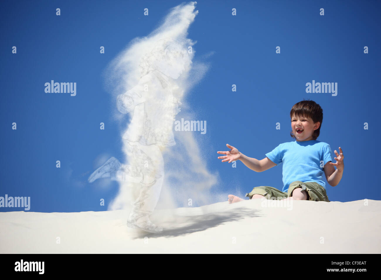 boy sitting on sand and making sand little girl, collage Stock Photo ...