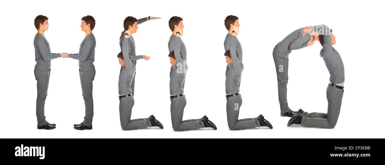 young man making word HELLO, collage Stock Photo - Alamy