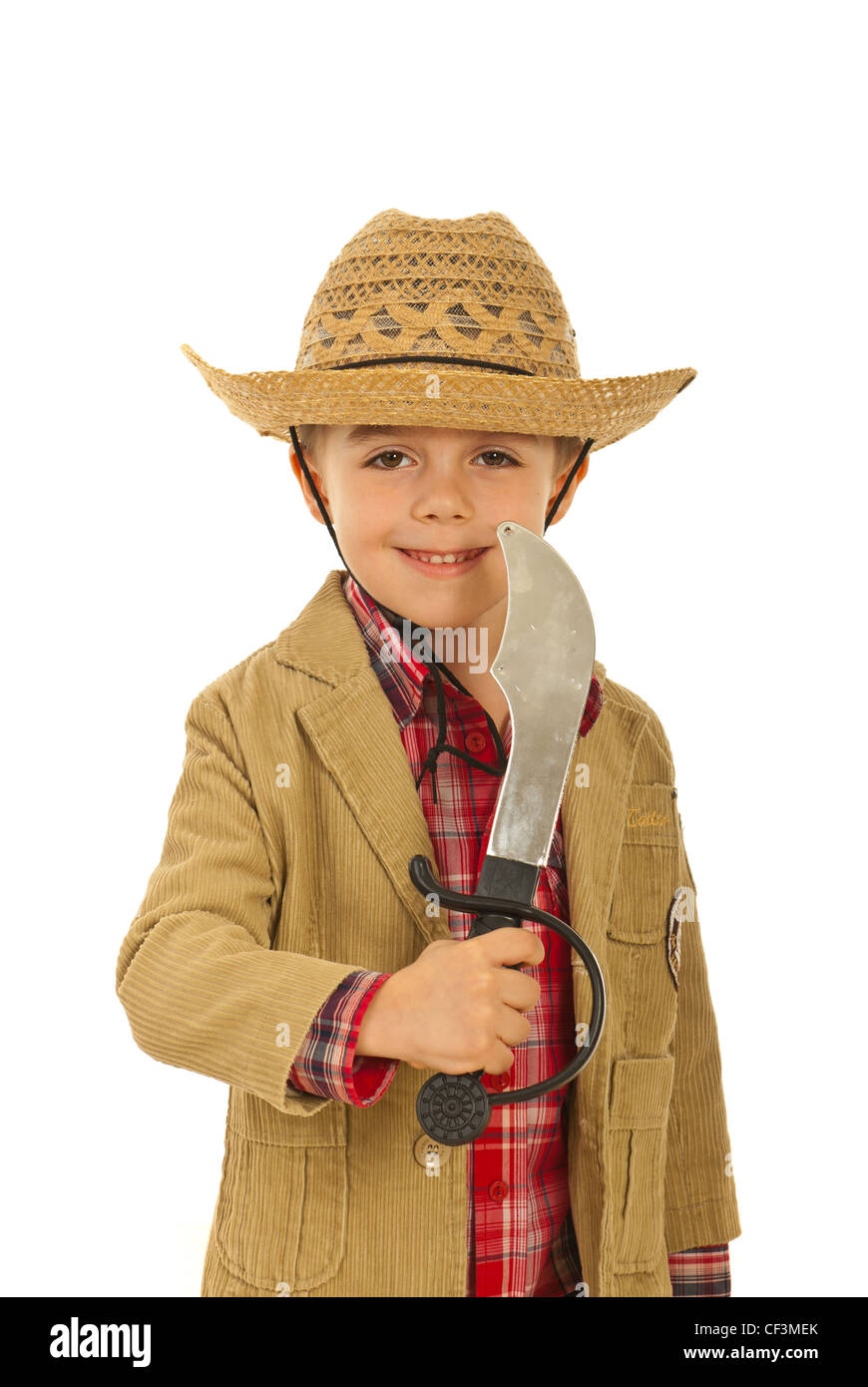 Little happy cowboy holding sword toy isolate don white background ...