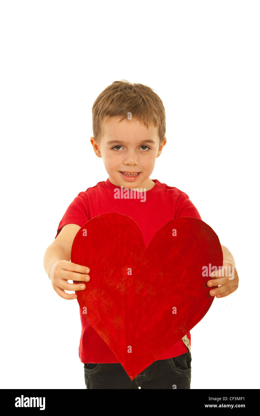Child boy offering heart shape isolated on white background Stock Photo ...