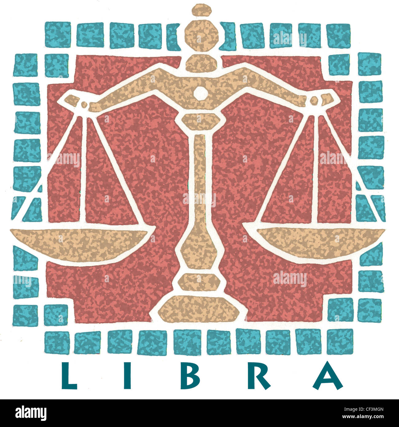 Star sign Libra aqua blue mosaic border illustration of scales against ...