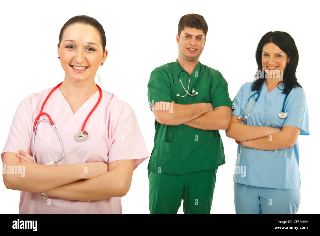 Happy doctor woman and her team isolated on white background Stock ...