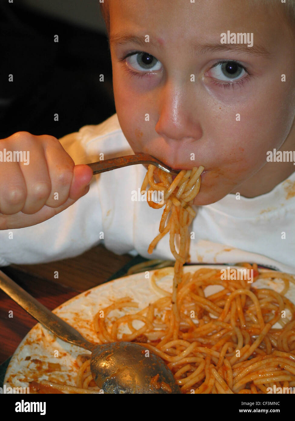 Male child short blond hair wearing white t shirt leaning over table ...