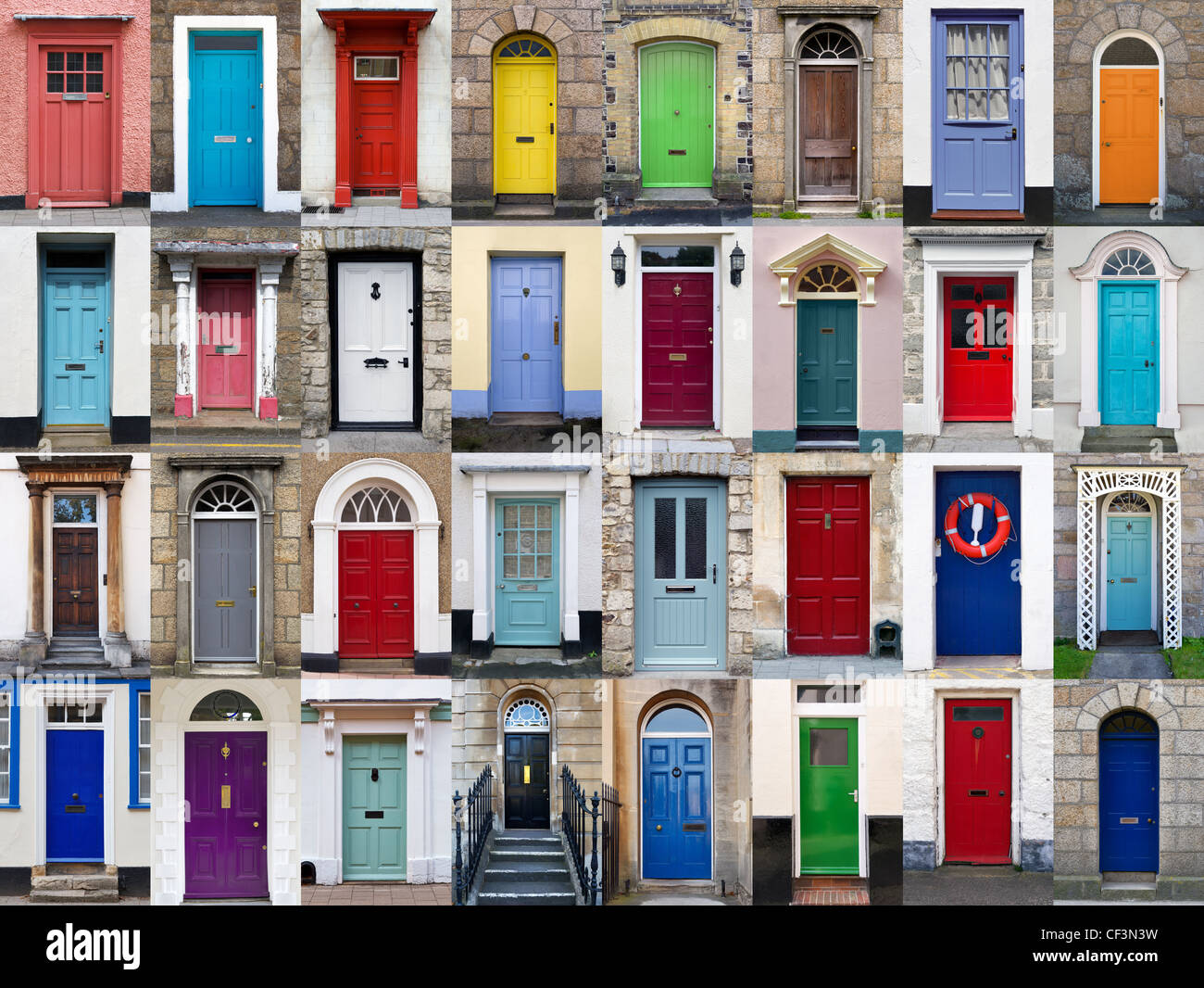 A photo collage of 32 colourful front doors to houses and homes Stock ...