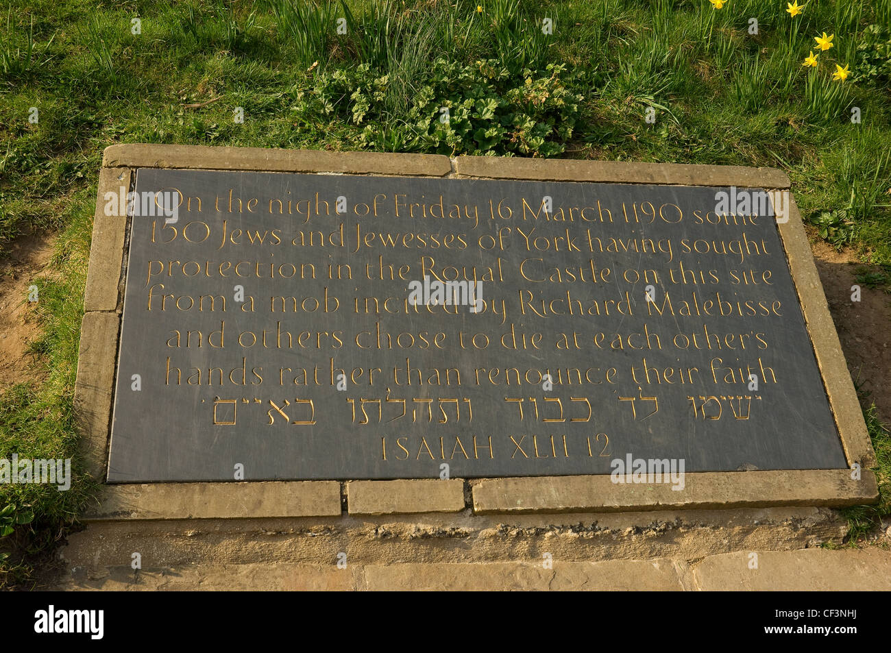 Plaque at the base of Cliffords Tower to commemorate the massacre of Jews on Friday 16th March ...