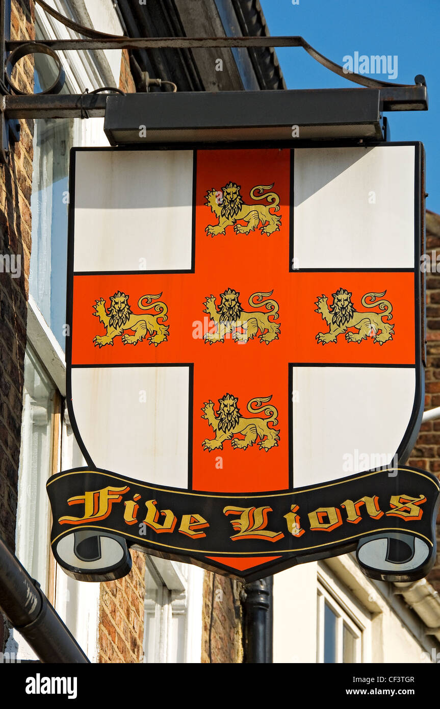 Sign hanging outside the Five Lions hotel in the centre of York Stock ...