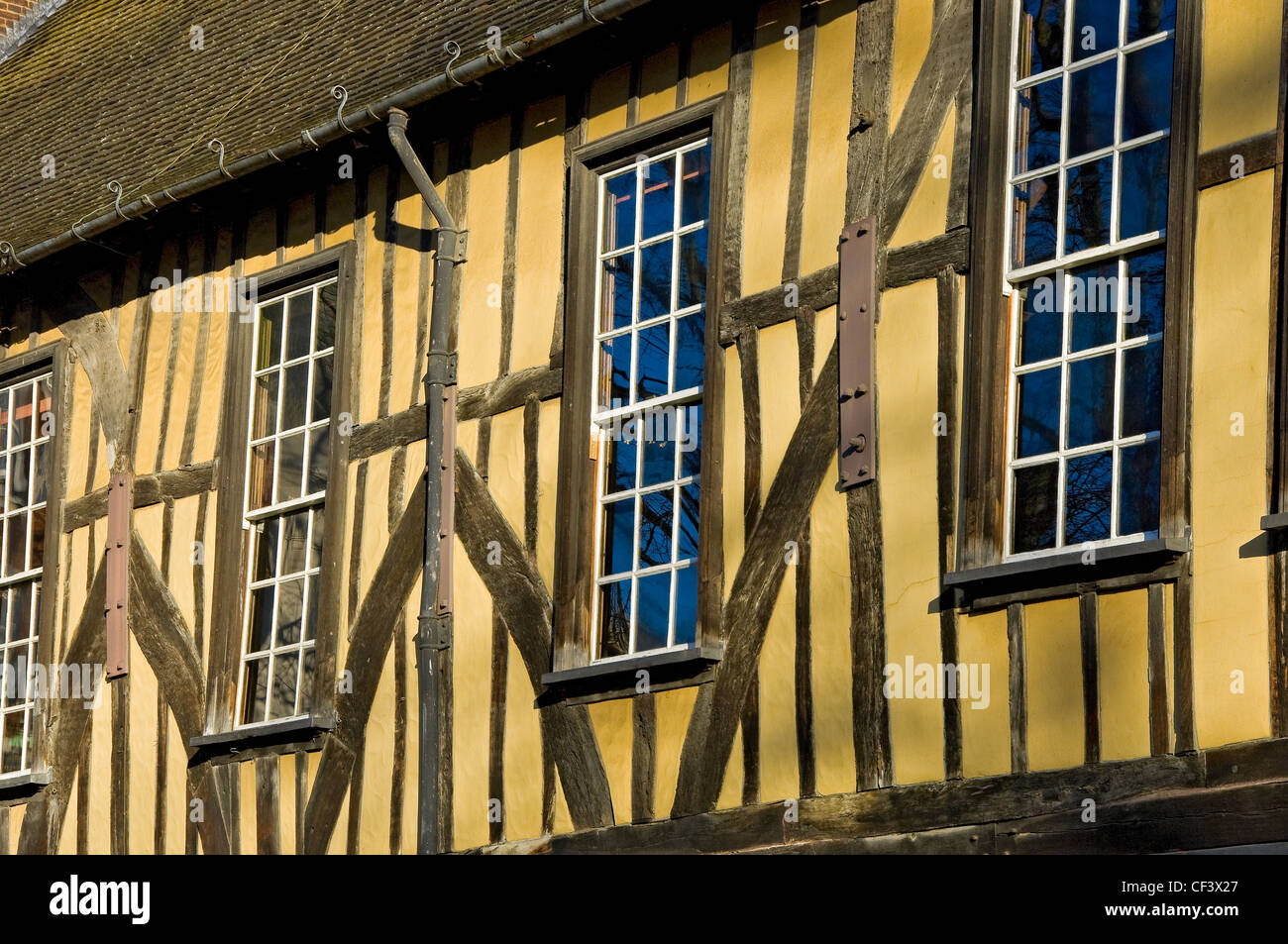 Windows in the half-timbered structure of the Merchant Adventurers Hall ...