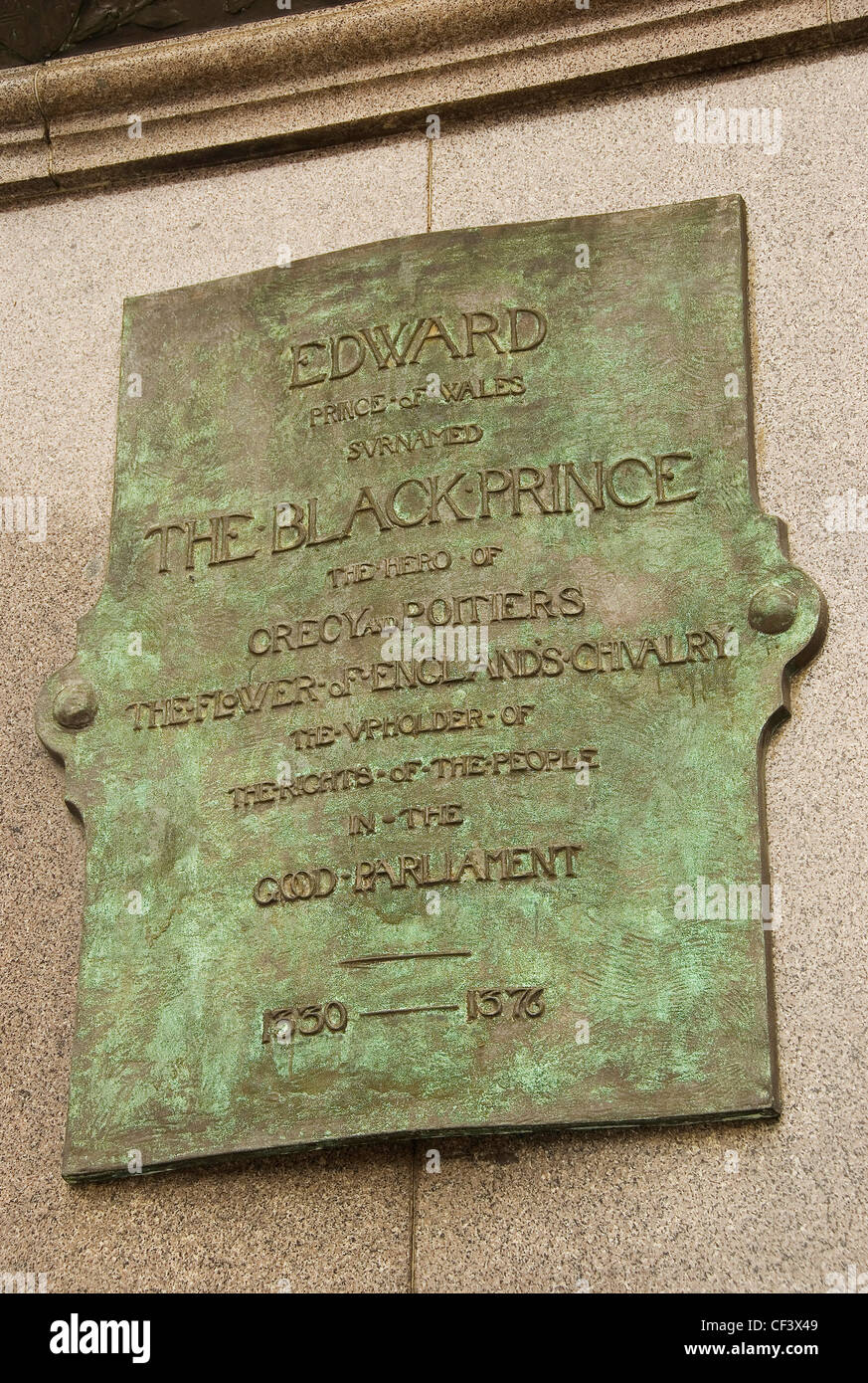 Plaque on the statue of Edward, Prince of Wales, the Black Prince, in ...
