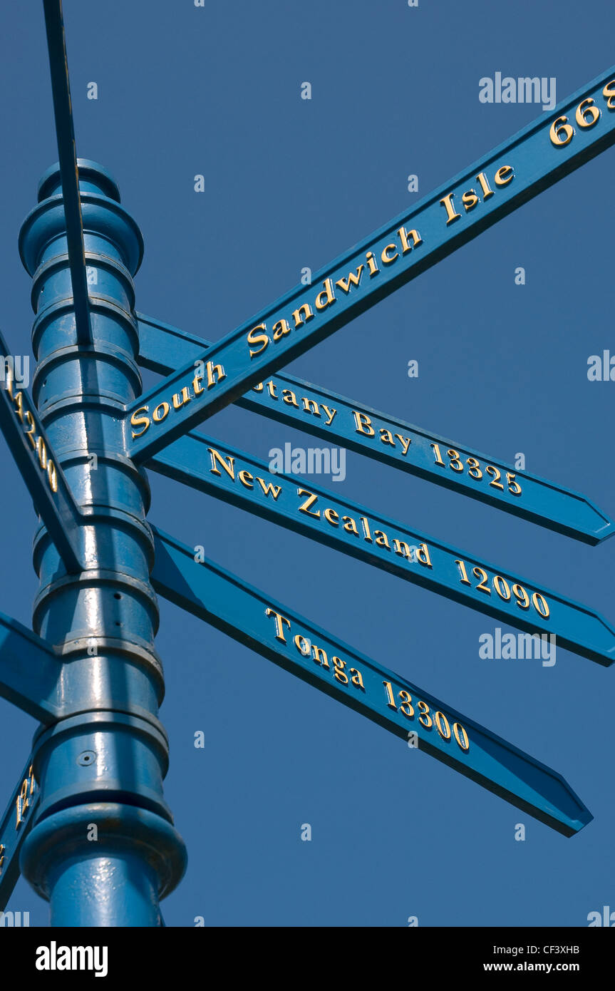 A signpost showing distances and directions from Whitby of Captain Cook ...