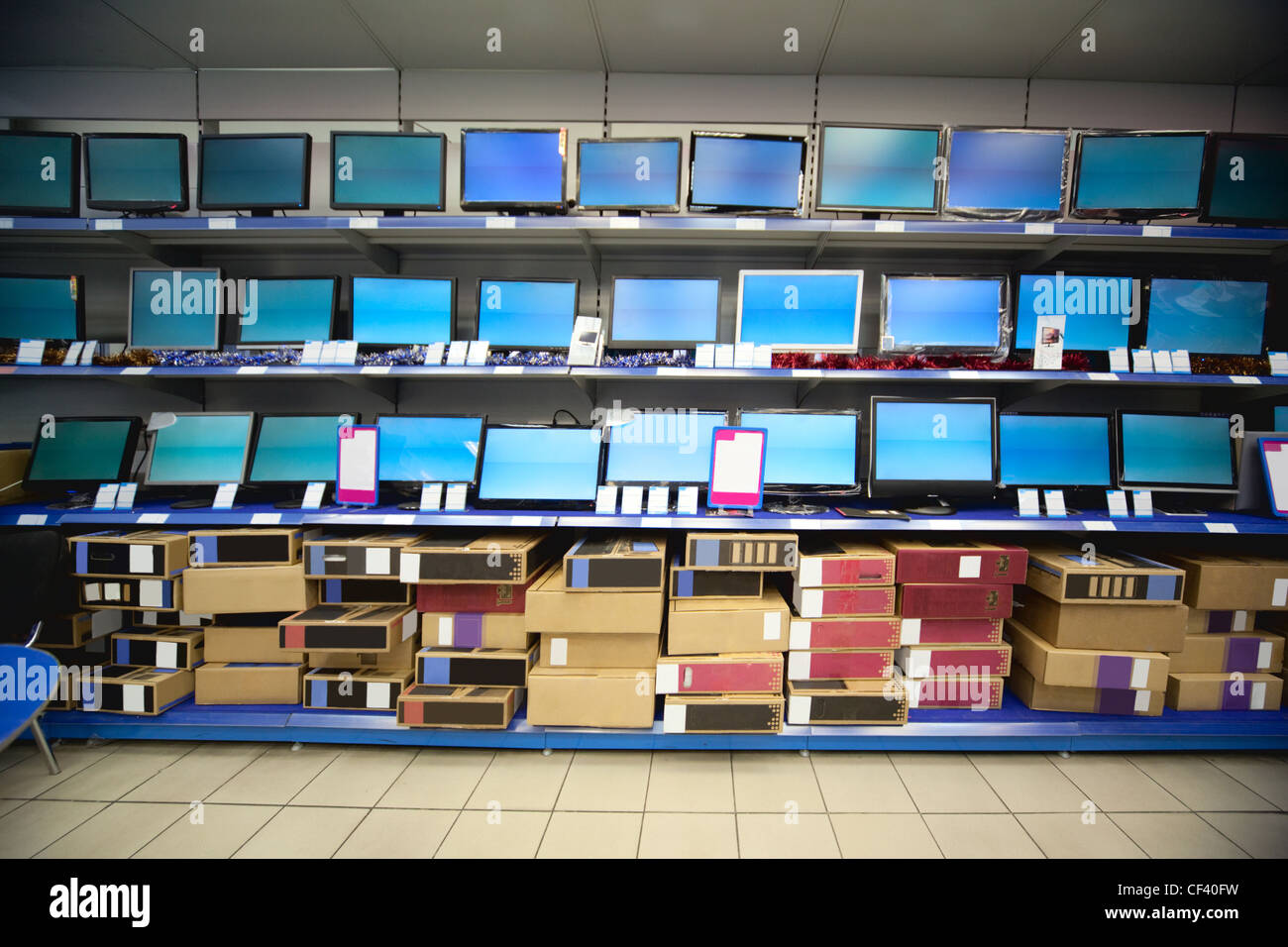 Rack with liquid crystal displays and monitors in electronics shop ...