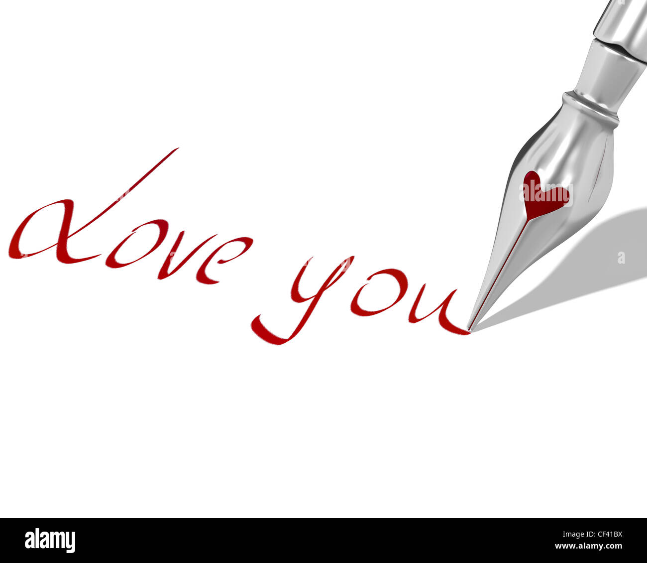 Ink pen nib with heart writes "Love you" isolated on white background ...