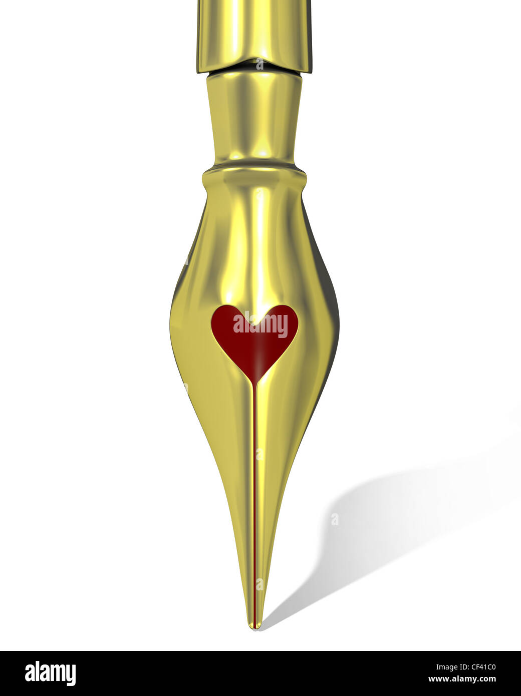 Golden ink pen nib with a heart shaped hole isolated on white ...