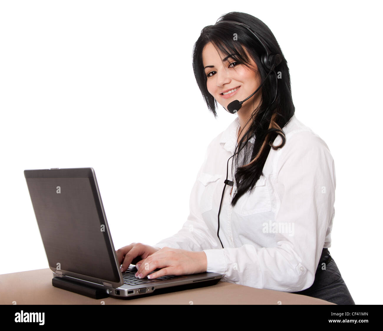 Happy customer service representative at call center office desk with ...