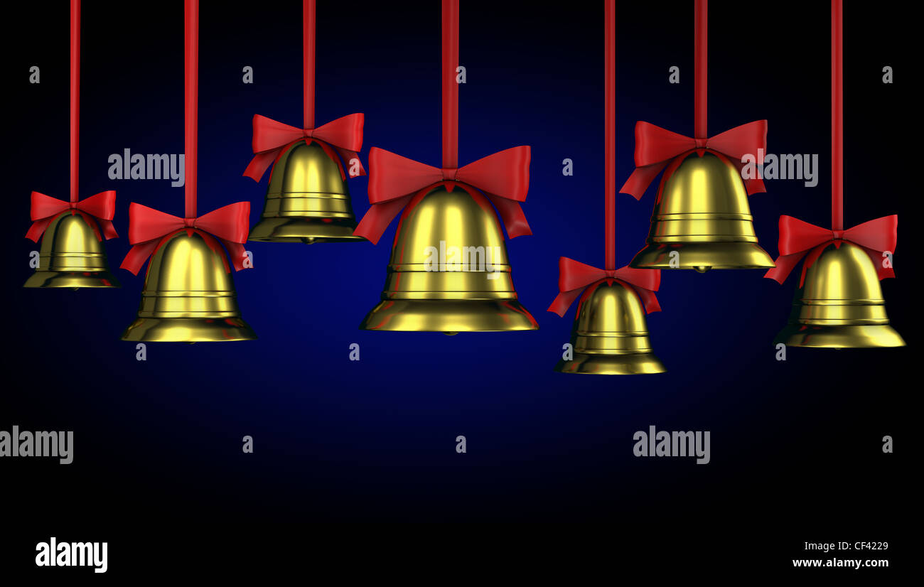 A lot of Christmas bells with red ribbons on a blue gradient background ...