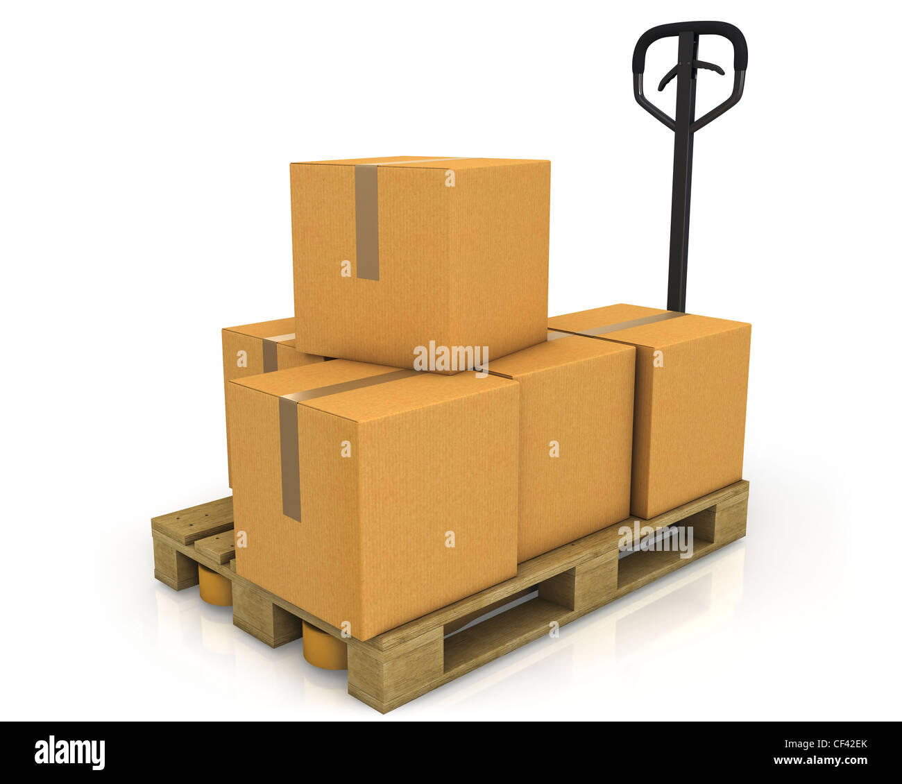 Stack of carton boxes on a pallet with a pallet truck isolated on white ...