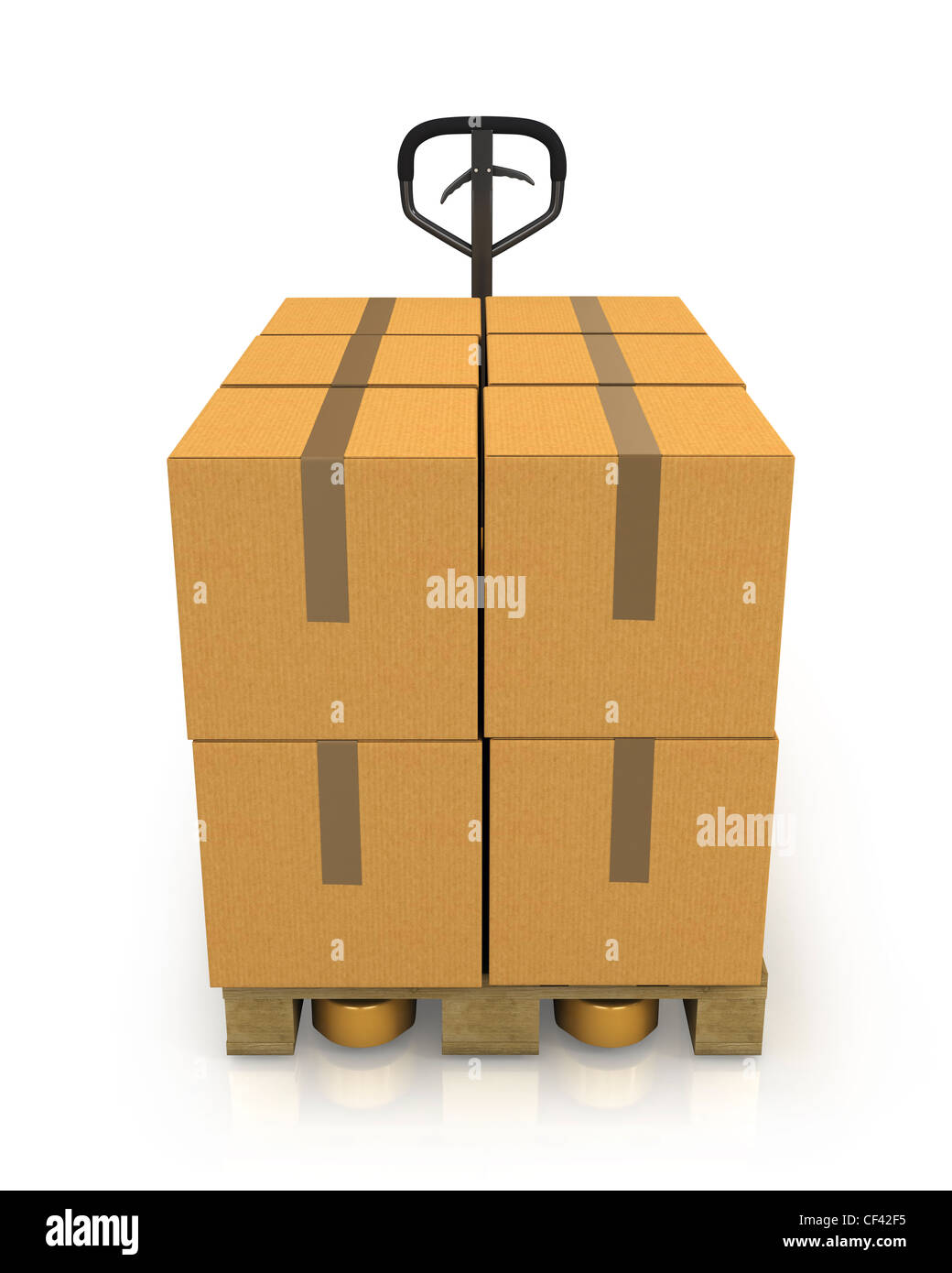 Stack of carton boxes on a pallet with a pallet truck front view ...