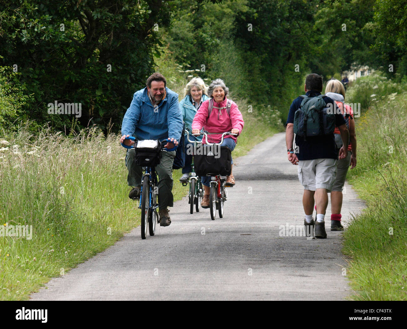 Cyclists passing walkers on the Tarka Trail near Fremington, Devon, UK ...