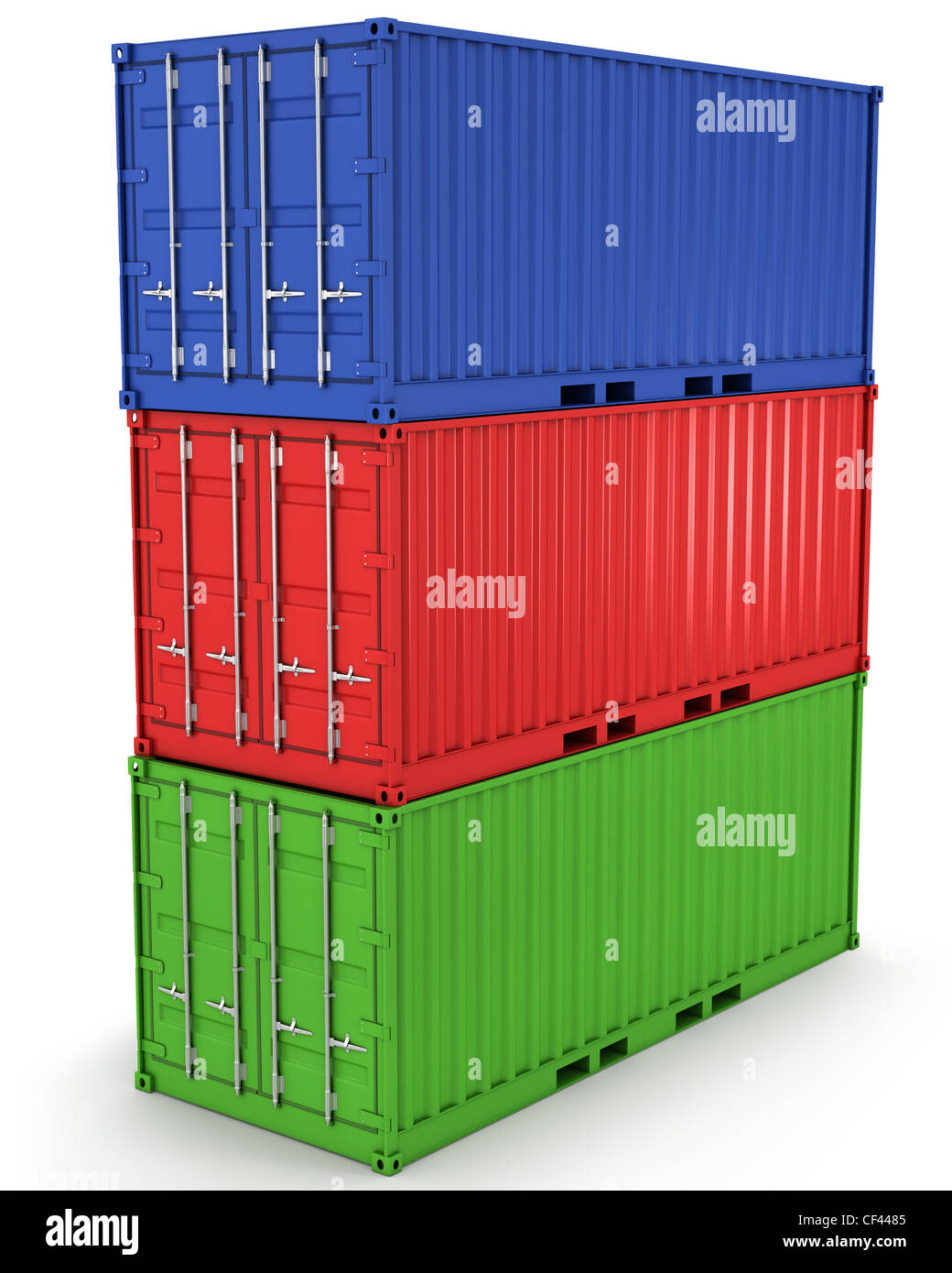Three freight containers stacked in a tower isolated on white ...