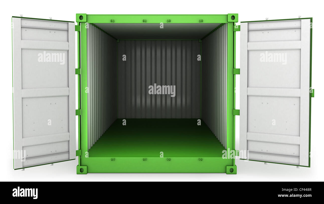 Opened green freight container isolated on white background, front view ...