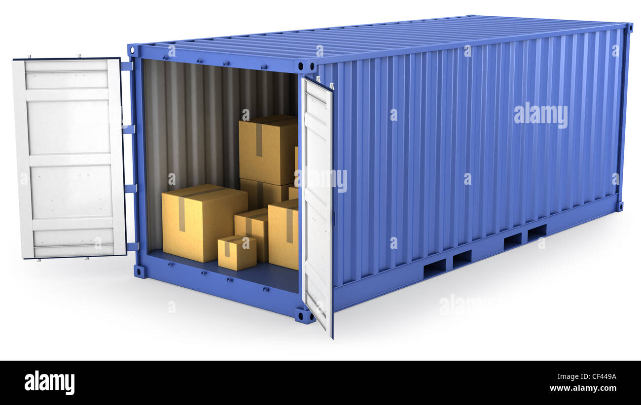 Blue opened container with carton boxes inside, isolated on white ...