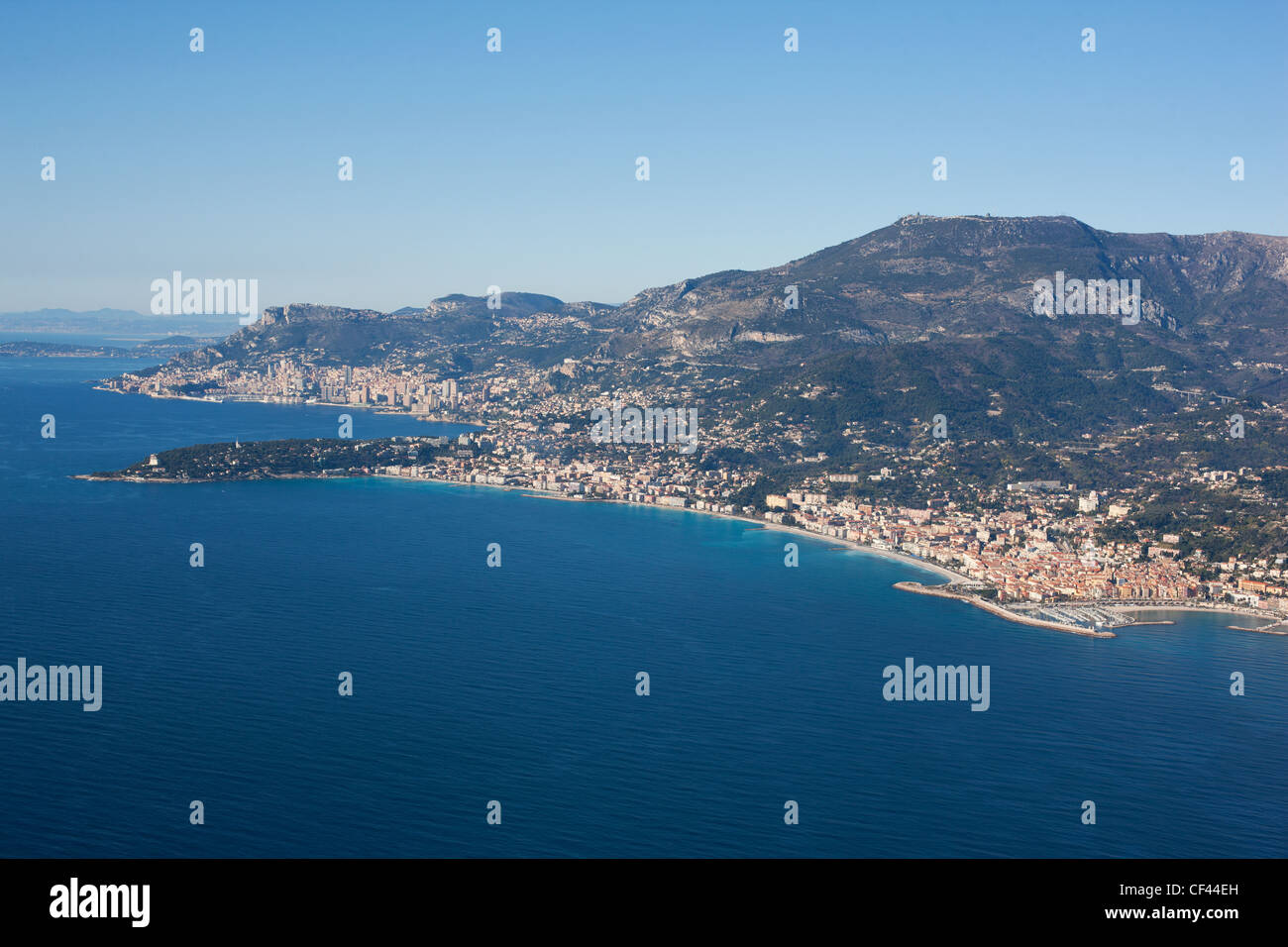 AERIAL VIEW. Menton (closest), Roquebrune-Cap-Martin (middle), Monaco ...