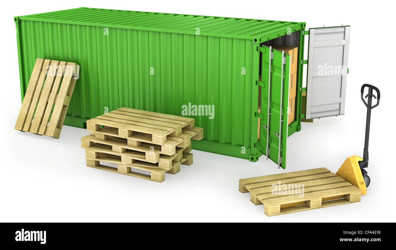 Green opened container and stack of wooden pallets, isolated on white ...