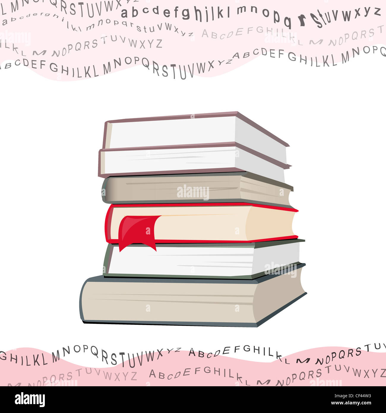 books stack and wavy flying letters collage Stock Photo - Alamy