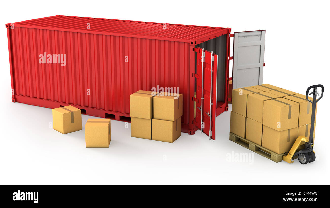 Red opened container and many of carton boxes on a pallet, isolated on ...