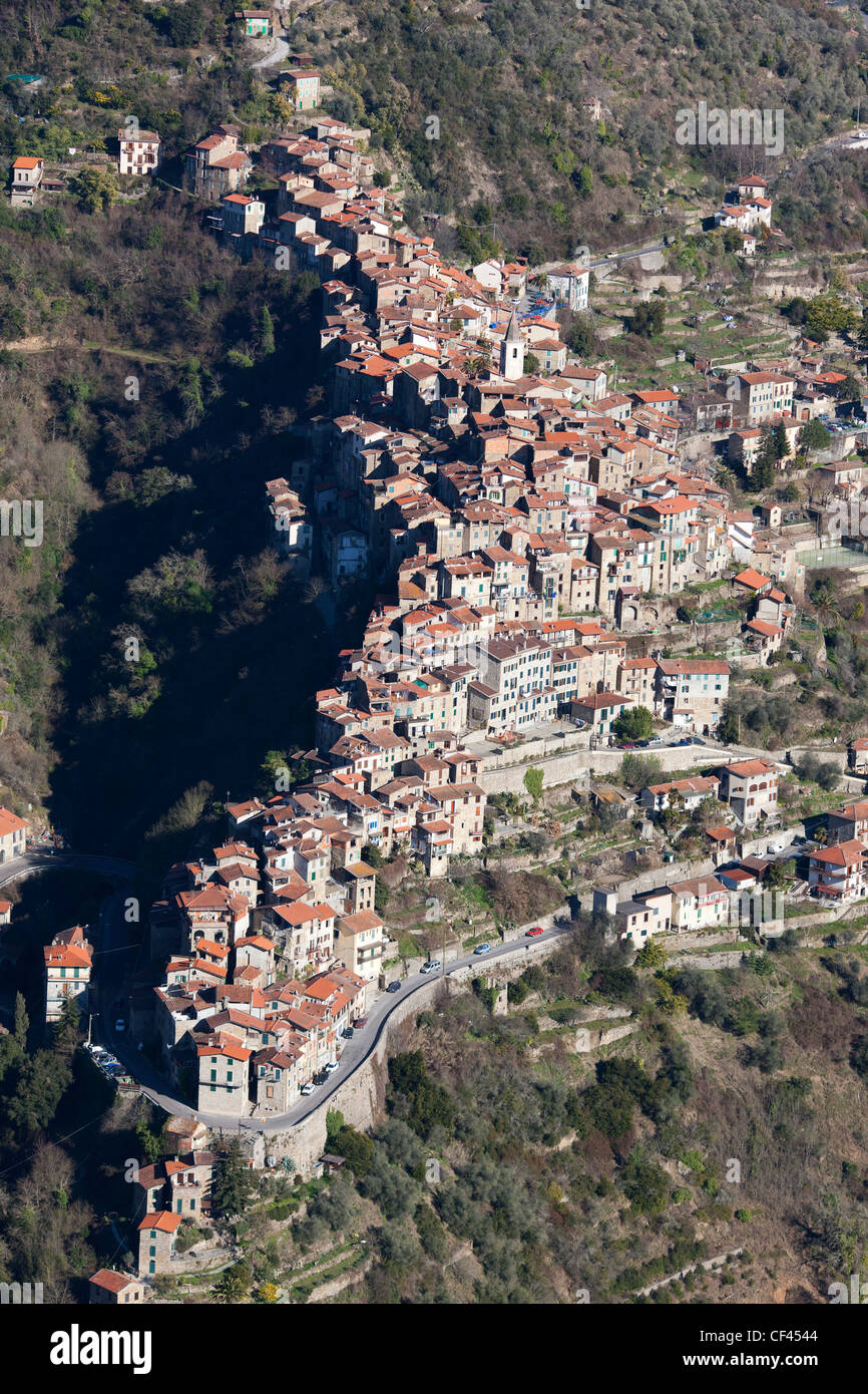 AERIAL VIEW. Perched medieval town on a rocky ledge. Apricale, Province ...
