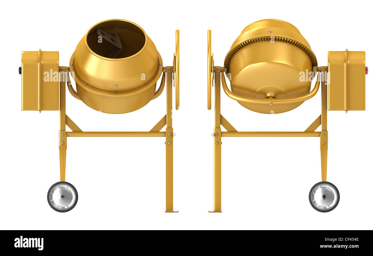 Clean new yellow concrete mixer isolated on white background, front and ...