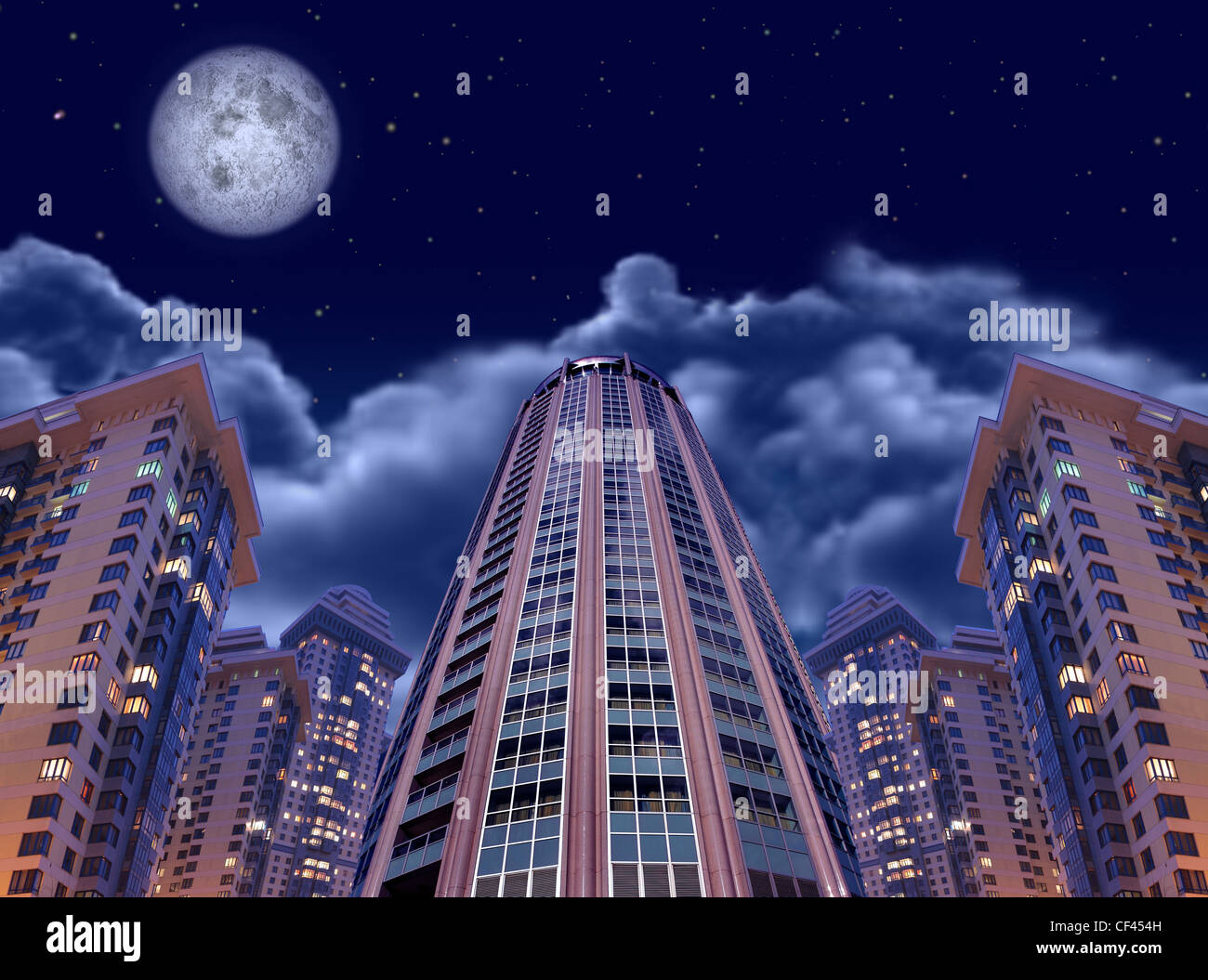 night buildings on sky and moon, collage Stock Photo - Alamy