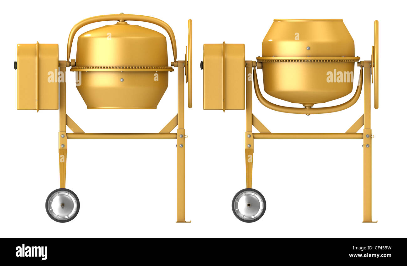 Clean new yellow concrete mixer with raised and lowered drum, isolated ...