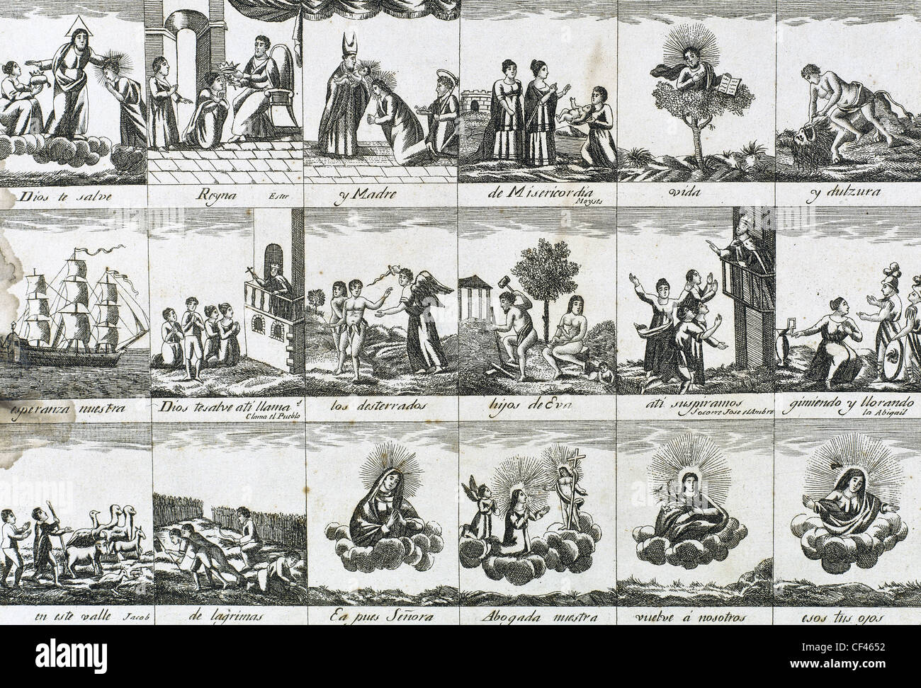 Popular religious imagery. Engraving depicting different scenes of a ...