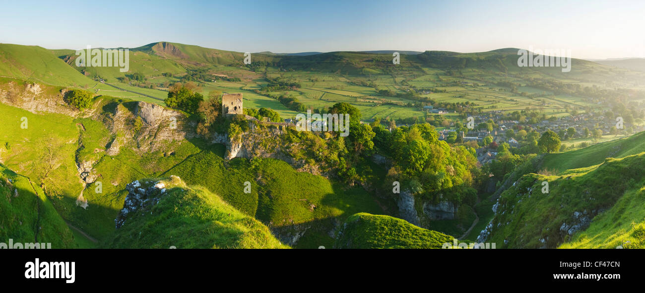 A view of Peveril castle perched on a rocky outcrop in the Peak ...